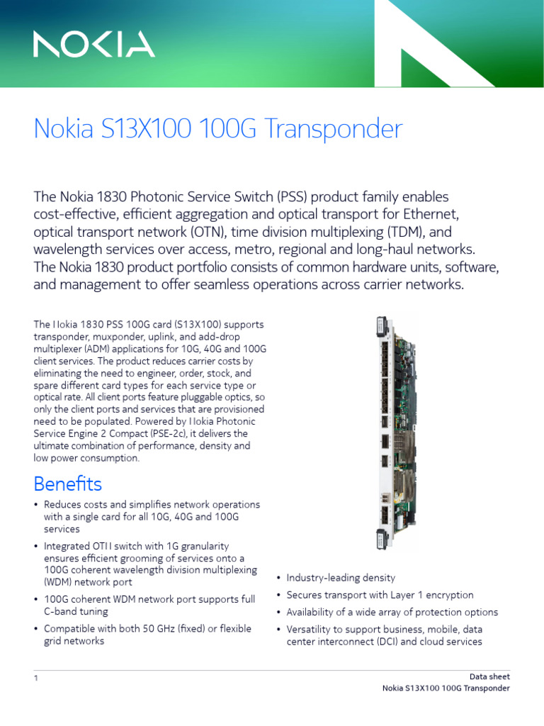 Nokia S13X100 100G Transponder Data Sheet | PDF | Wavelength Division ...