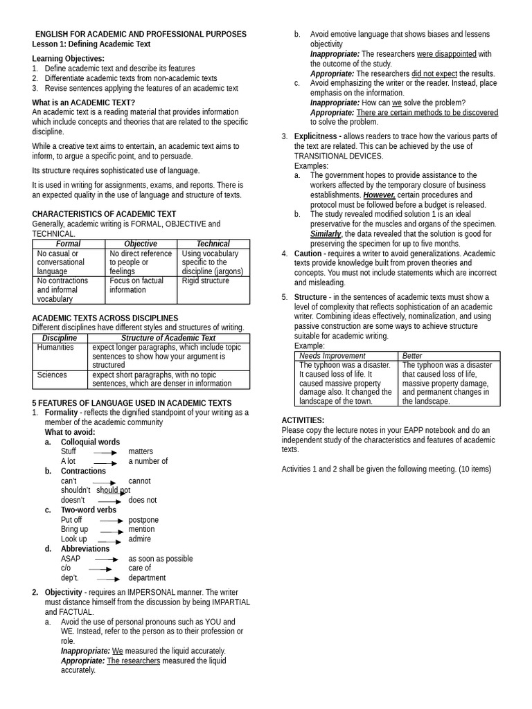 LECTURE NOTES On FEATURES OF ACADEMIC TEXTS | PDF | Cognition | Human ...