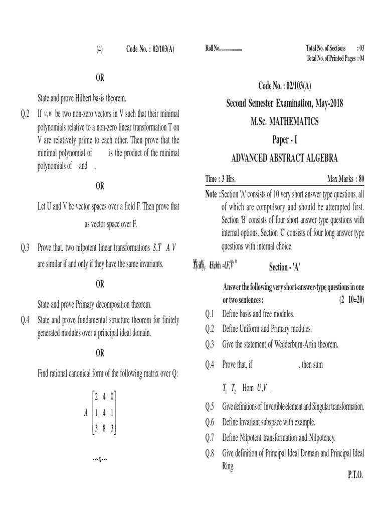 MSC 2 Sem Mathematics Advanced Abstract Algebra 103a May 2018 | PDF ...