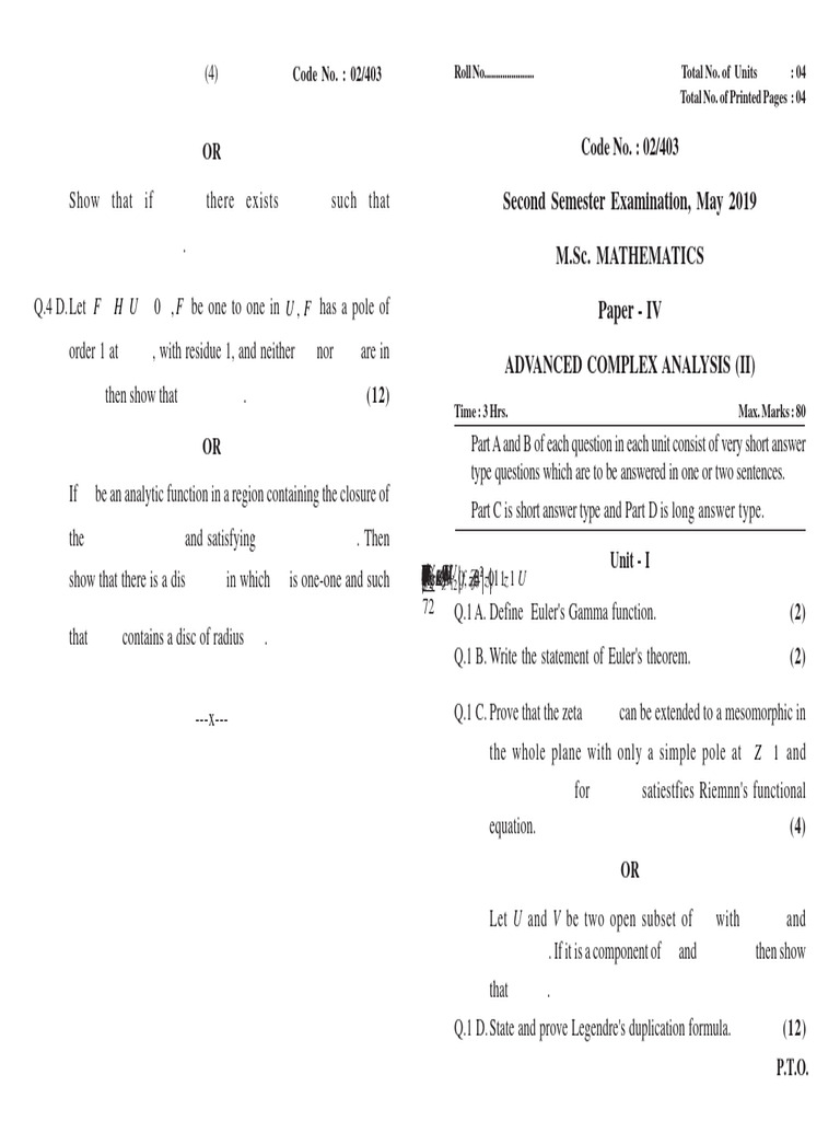MSC 2 Sem Mathematics Advanced Complex Analysis 2 403 May 2019 | PDF