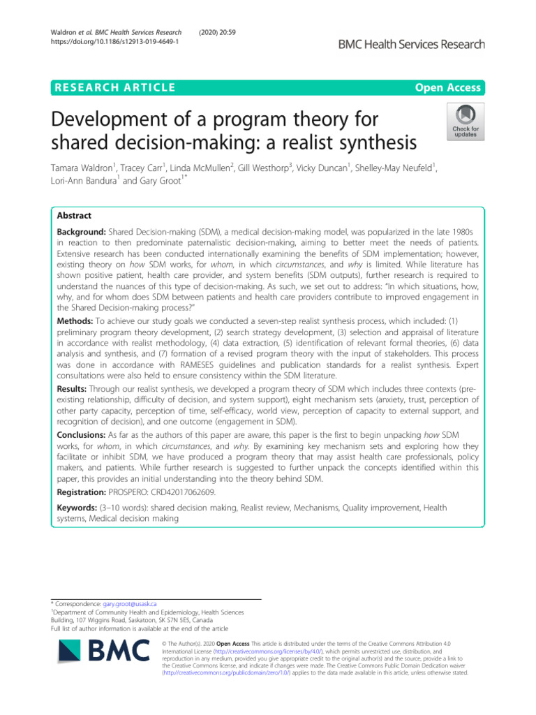 Development of a program theory for shared decision-making- a realist synthesis | PDF | Cognition