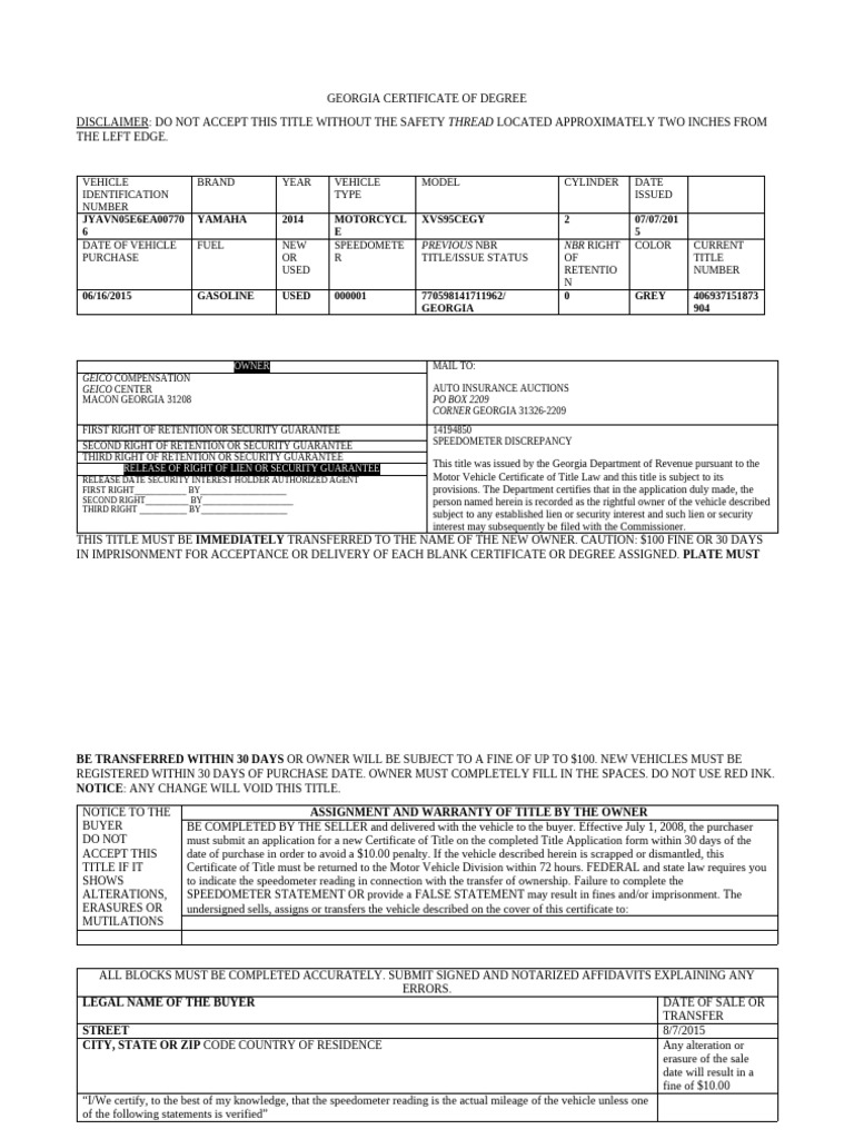 Georgia Certificate of Title | PDF | Title (Property)