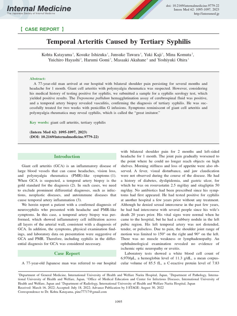 Temporal Arteritis Caused by Tertiary Syphilis | PDF | Immunology | Medicine