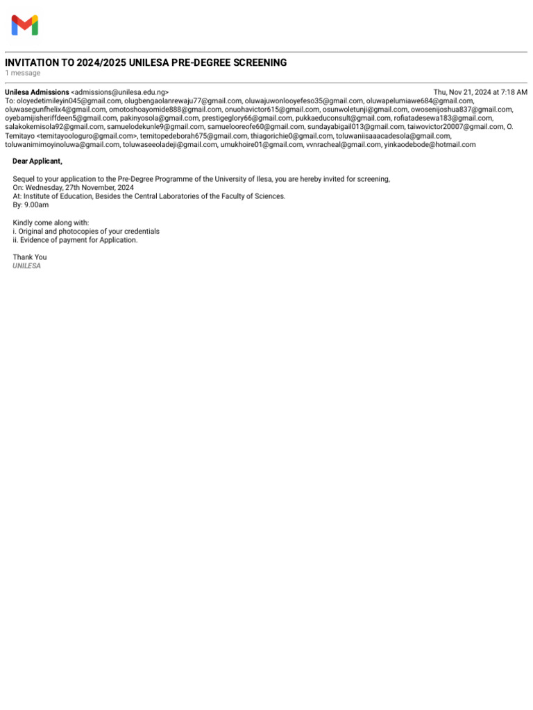 Gmail - INVITATION TO 2024_2025 UNILESA PRE-DEGREE SCREENING (1) | PDF