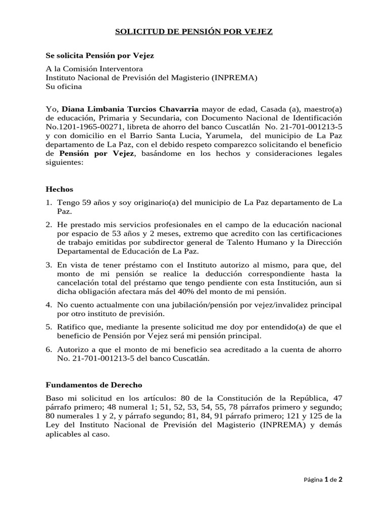 Solicitud de Pension Por Vejez INPREMA | PDF | Pensión