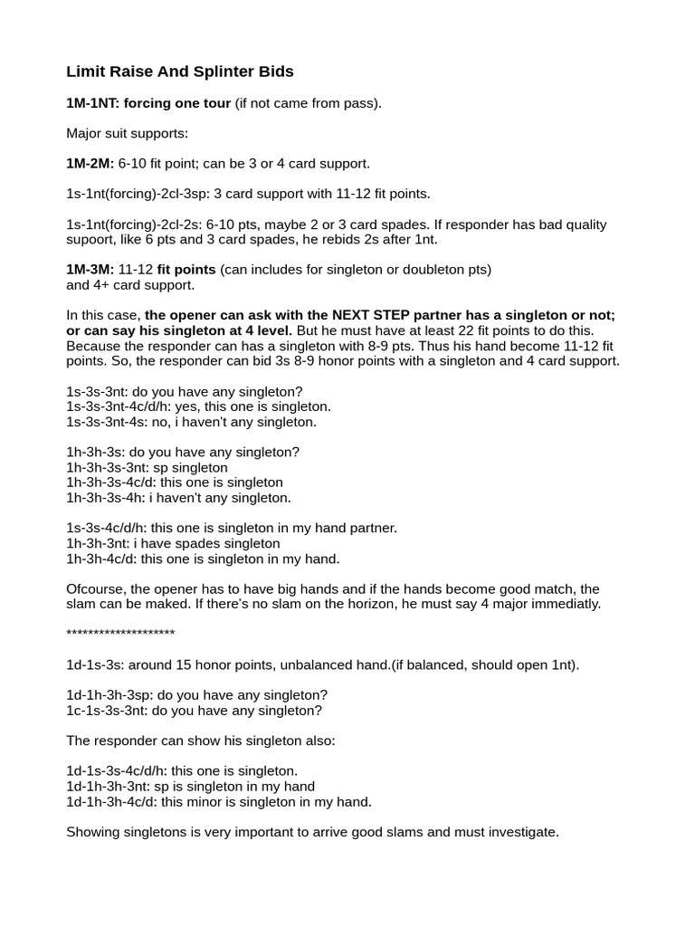 Limit Raise and Splinter Bids | PDF | Contract Bridge | Consumer Goods