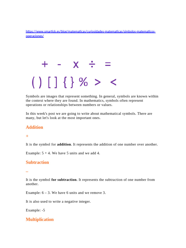 mathematical symbols | PDF | Division (Mathematics) | Multiplication
