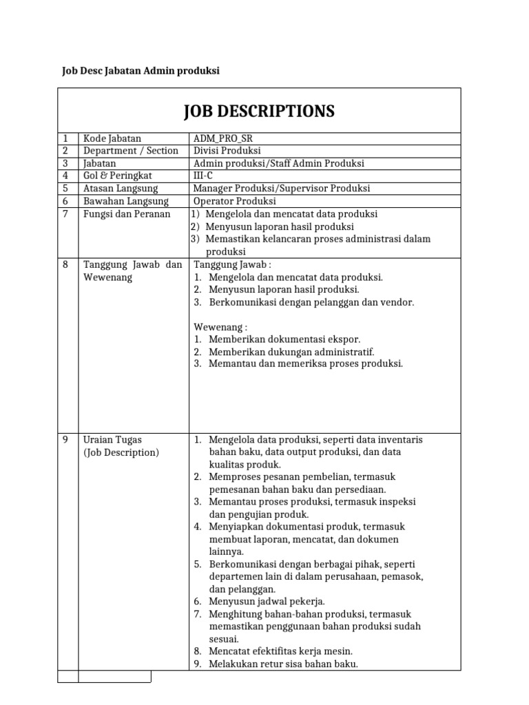 Spesifikasi Jabatan Admin Produksi | PDF