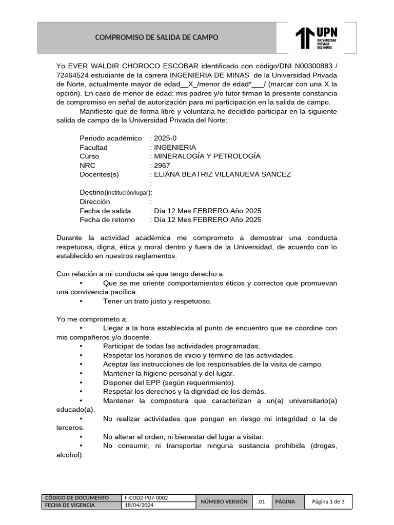 F-Cod2-P07-0002 1 Compromiso de Salida de Campo Choroco Escobar | PDF