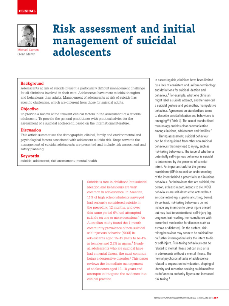 Risk Assessment and Initial Management of Suicidal Adolescents | PDF ...
