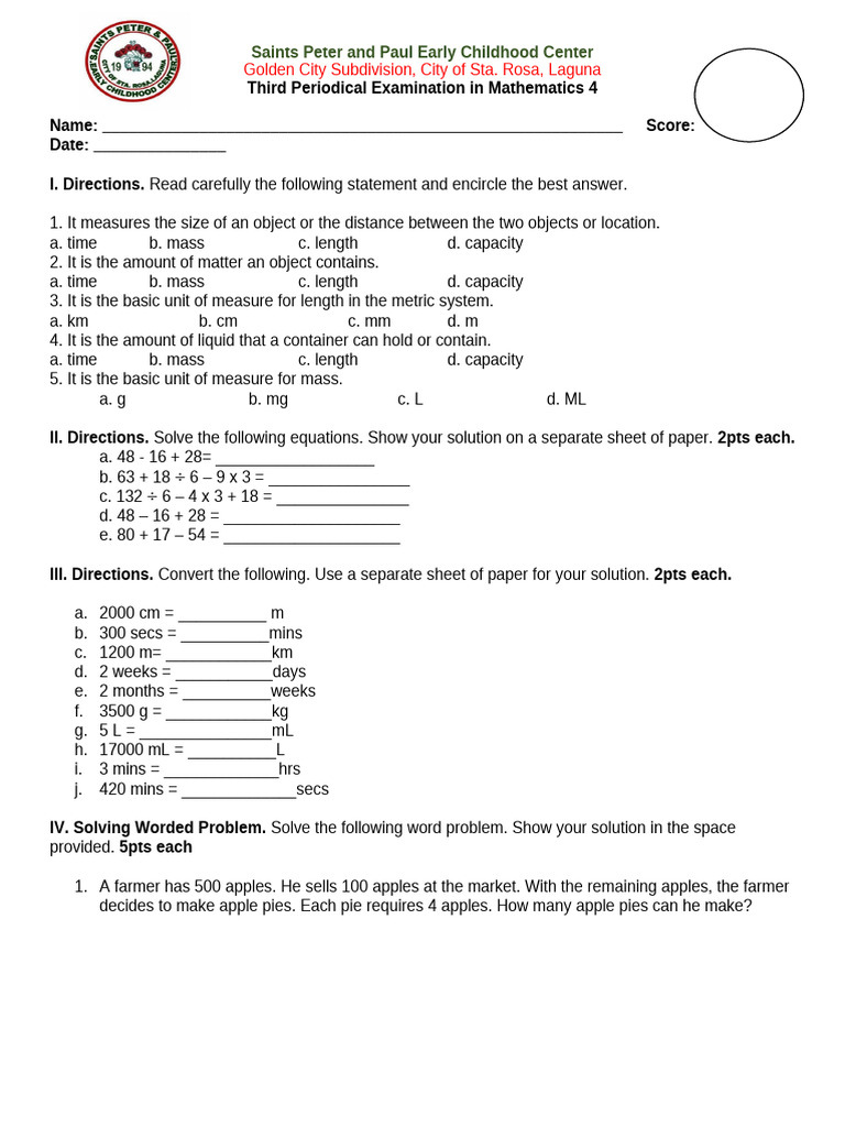 Math 4 Third Periodical Exam | PDF