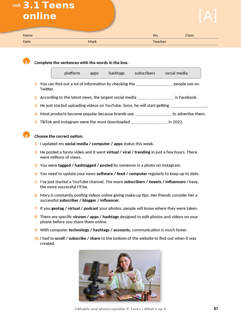 Unit 3.1 Vocabulary - Social Media (A) Page 87 | PDF