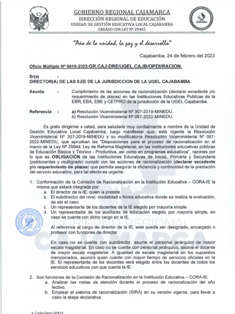 Oficio Multiple Nº 0015-2023 Direccion Racionalizacion | PDF