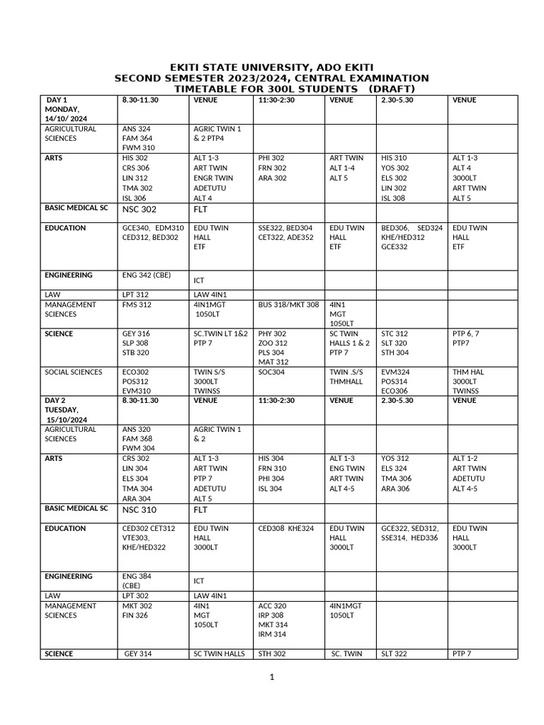 300L Exam Schedule 2023/2024 | PDF