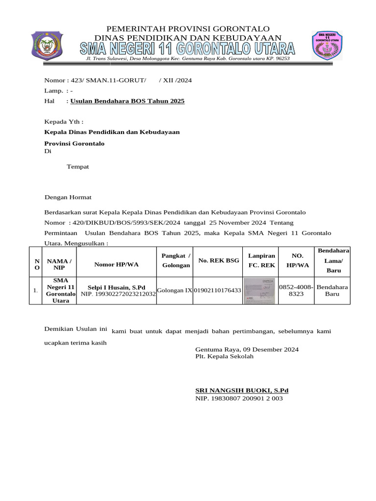 Usulan Bendahara BOS Tahun 2025 1 | PDF