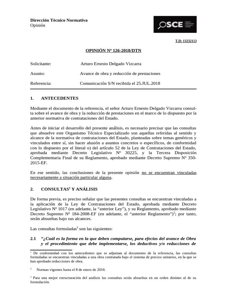 OPINION Nº 126-18 - ARTURO ERNESTO DELGADO VIZCARRA | PDF | Regulación | Estado (política)