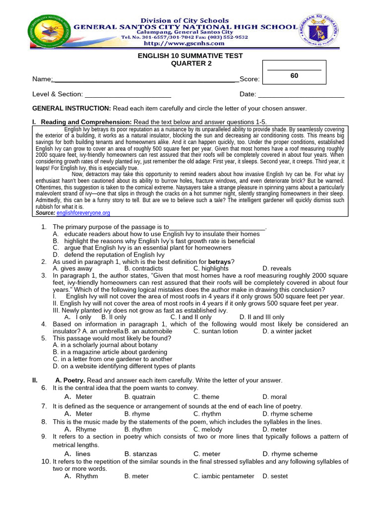 English 10 Quarter 2 Summative Test | PDF | Poetry | Metre (Poetry)