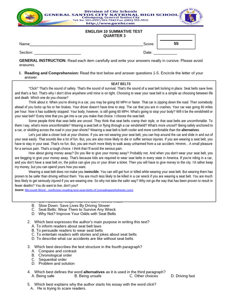 English 10 Quarter 3 Exam Answer Key | PDF | Seat Belt | Subject (Grammar)