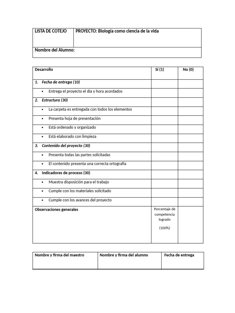 Lista de Cotejo para Proyecto de Biología | PDF