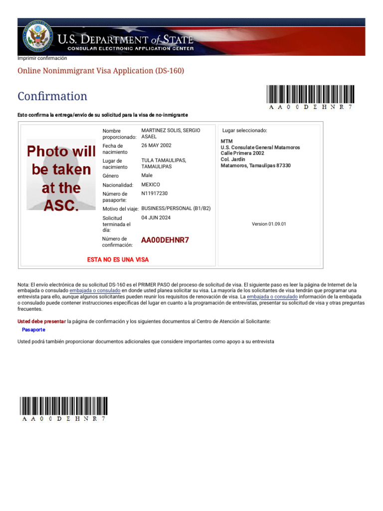 Confirmación DS-160 Visa No-Inmigrante | PDF | Visa de viaje | Oficina ...