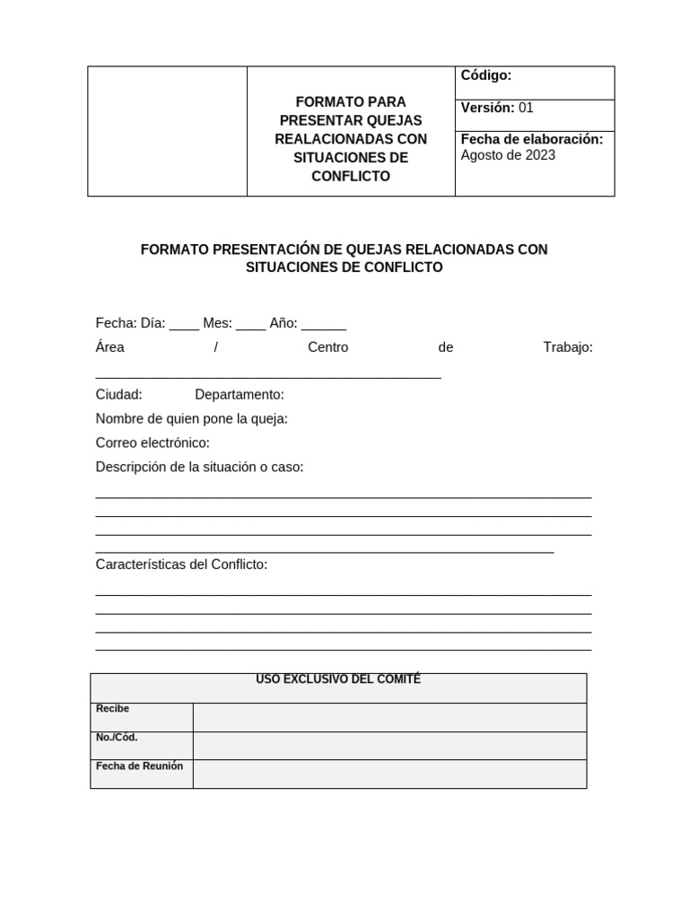 Formato para Presentar Quejas Relacionadas con Situaciones de Conflicto ...