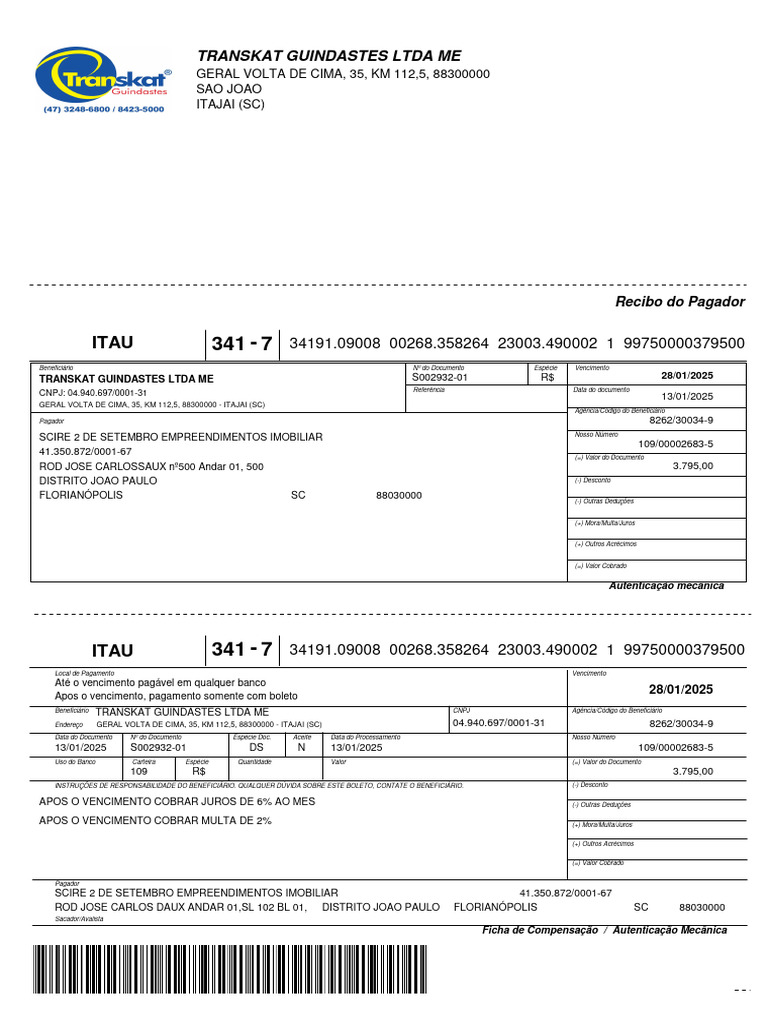Boleto de Compensação TRANSKAT LTDA | PDF | Serviços financeiros | Dinheiro