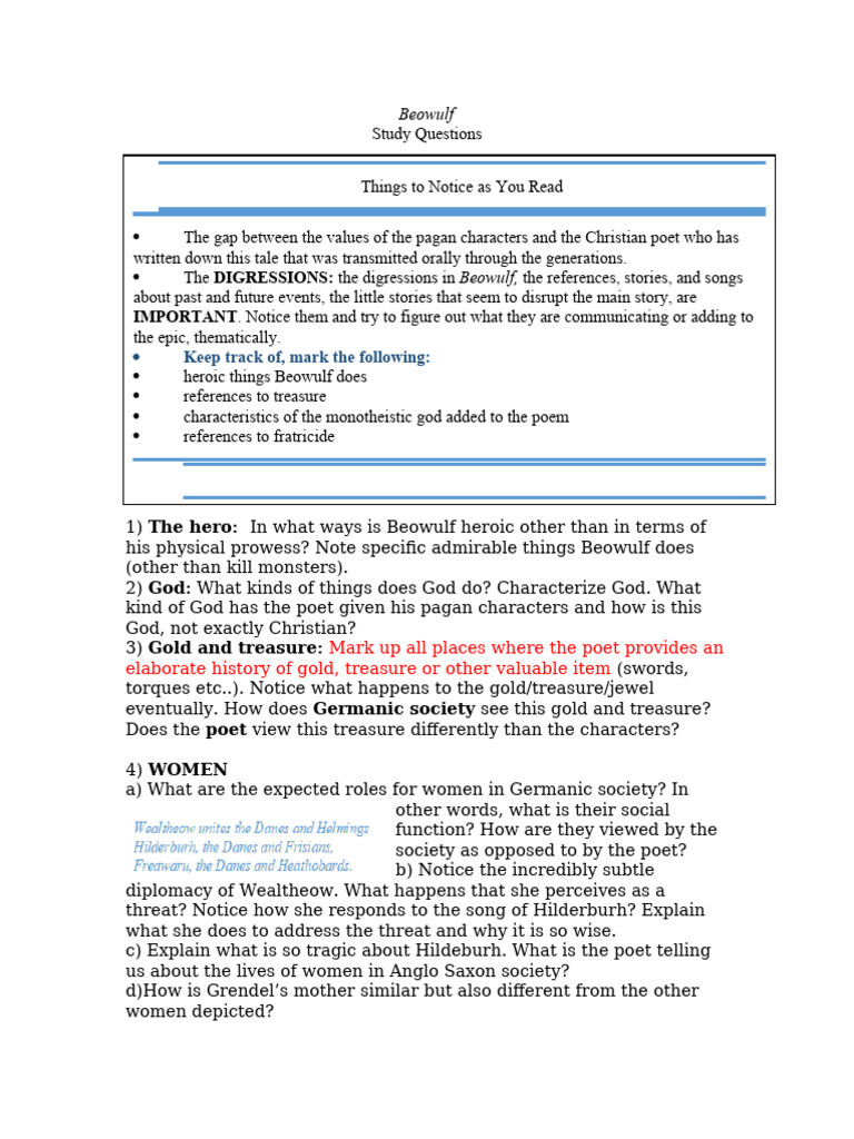 Beowulf Study Questions and Analysis | PDF | Beowulf