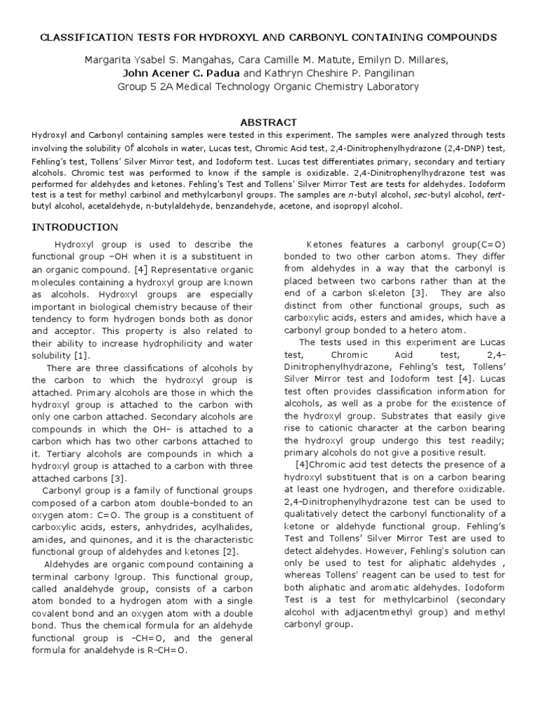 Classification Tests For Hydroxyl and Carbonyl Containing Compounds ...