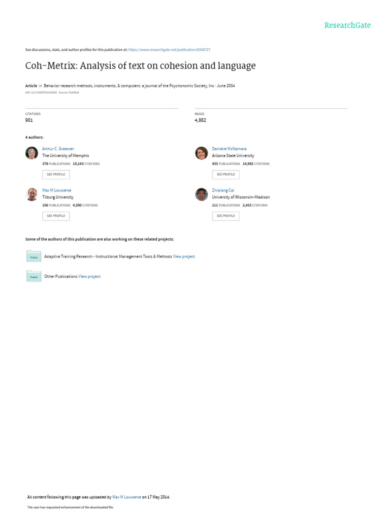 Coh-Metrix - Analysis of Text Cohesion and Language | PDF | Part Of ...