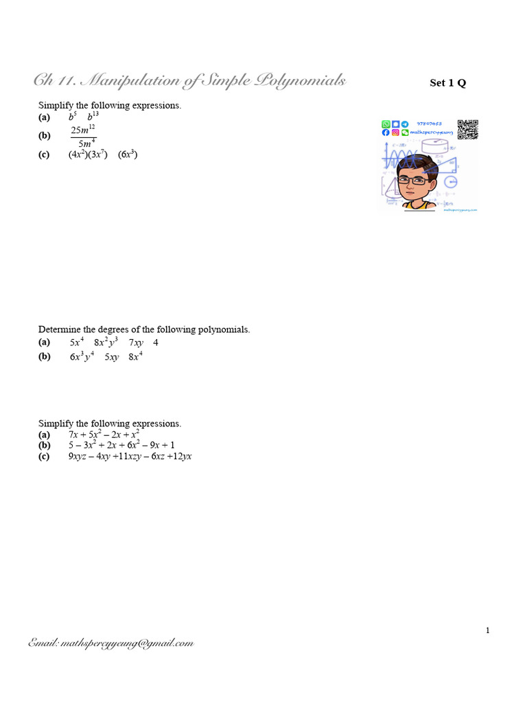 s1 Ch11 Manipulation of Simple Polynomials Q | PDF | Polynomial | Mathematical Analysis