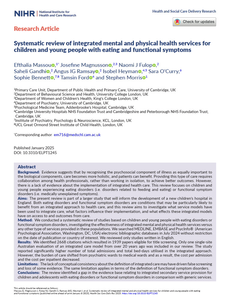 Systematic Review of Integrated Mental and Physical Health Services For ...