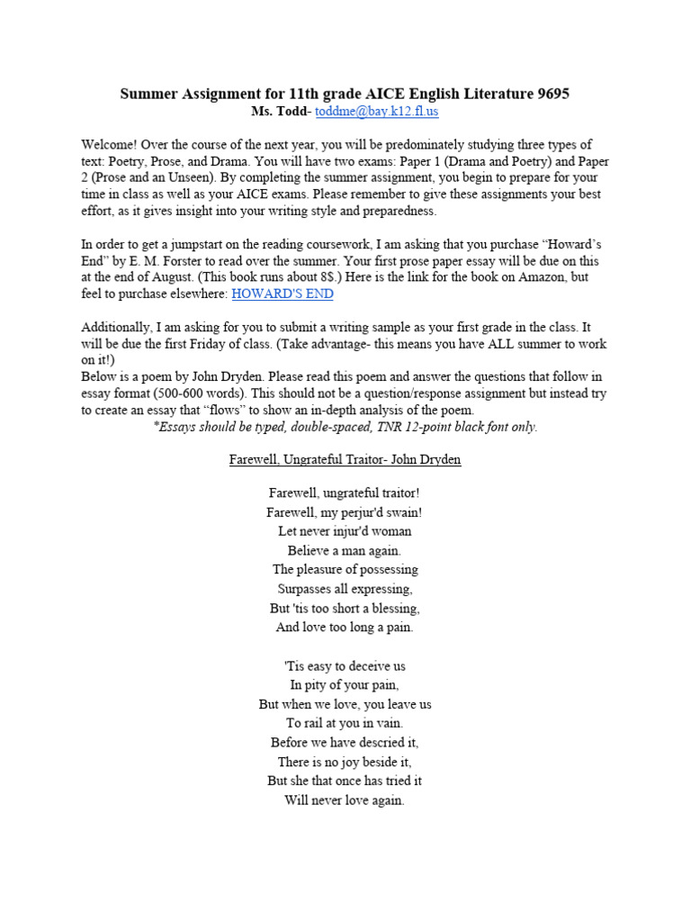 11th AICE English Lit Summer Assignment | PDF | Poetry | Narration