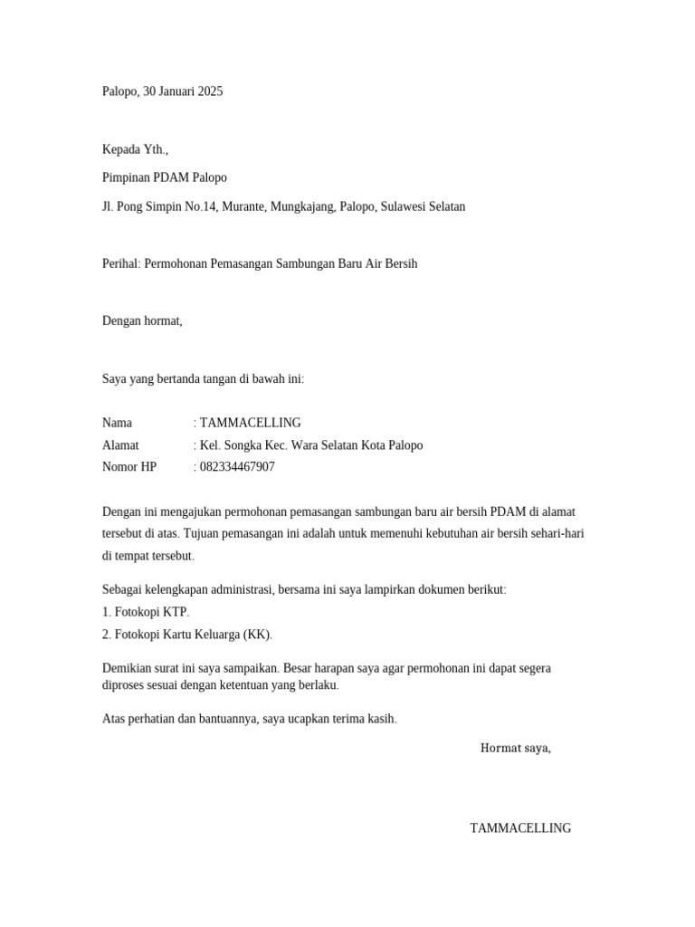 Surat_Pengajuan_Pemasangan_PDAM | PDF