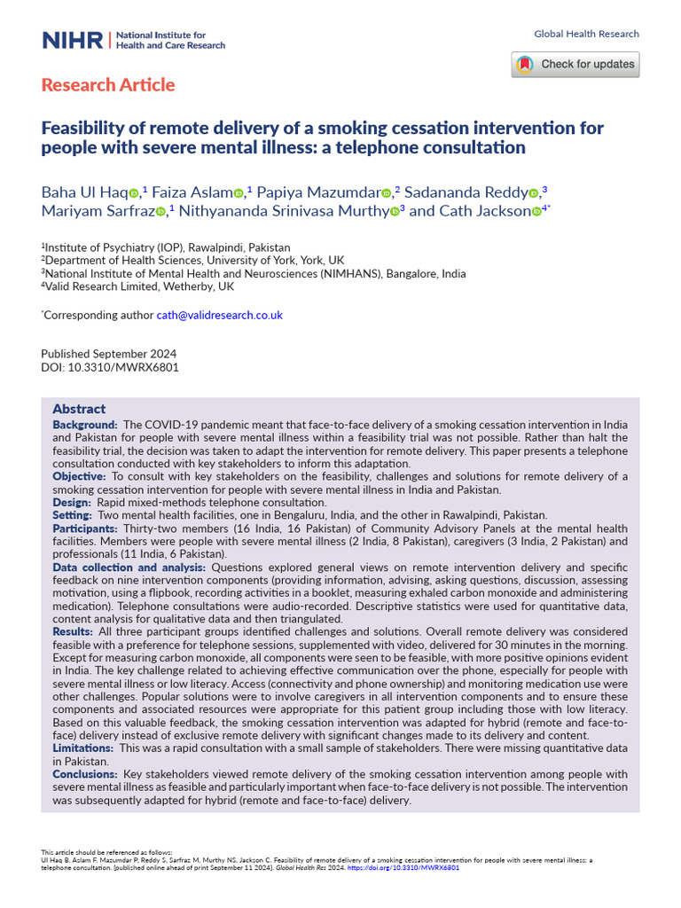 Remote Smoking Cessation for Mental Illness | PDF | Caregiver | Mental ...