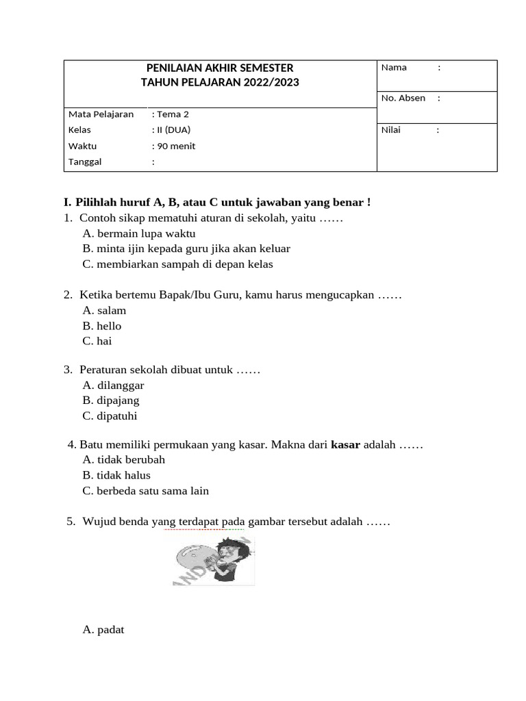 Soal & Jawaban PAS Kelas 2 Tema 2 Ver. 2 - WEBSITE WWW - Kherysuryawan.id | PDF