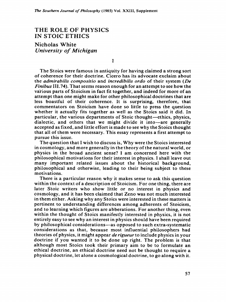 Nicholas P. White. The Role of Physics in Stoic Ethics | PDF | Stoicism ...
