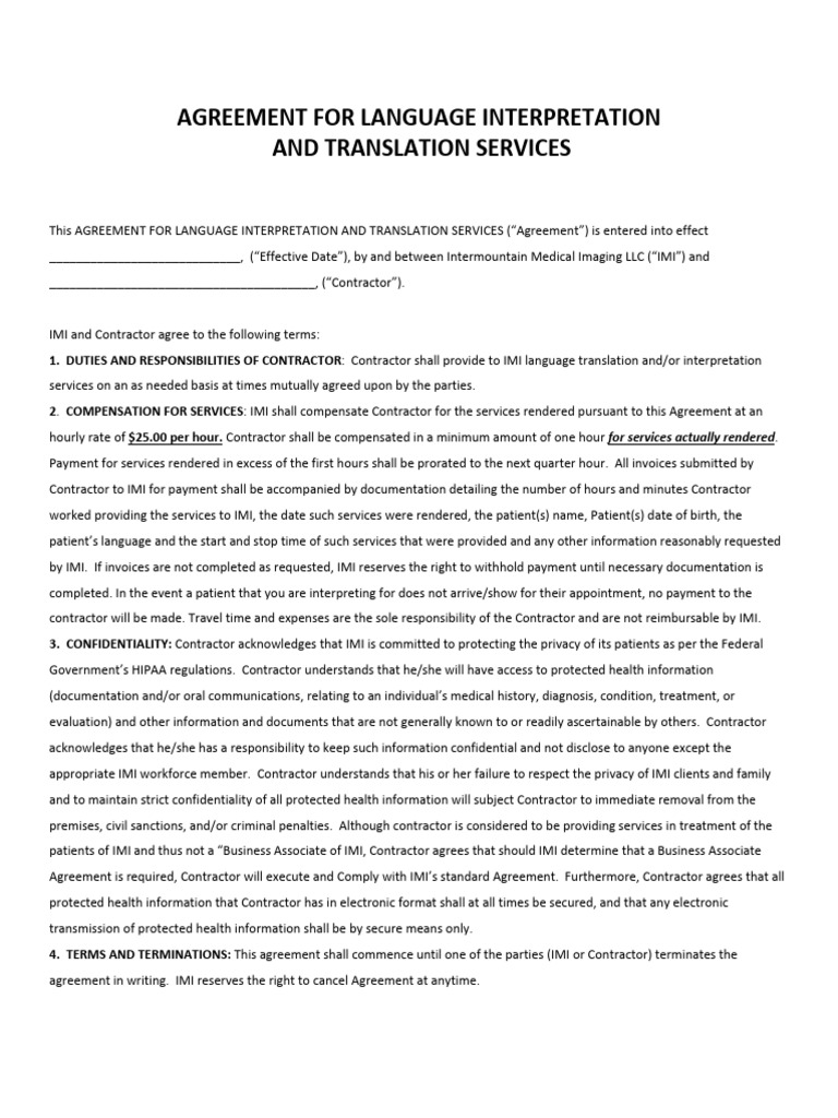 Interpreter Service Agreement | PDF | Confidentiality | Health ...