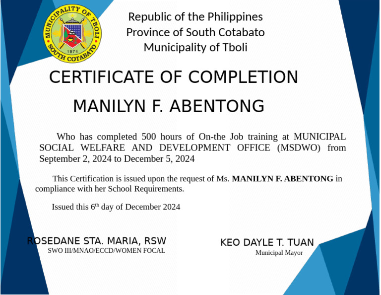 Tboli OJT Completion Certificate | PDF
