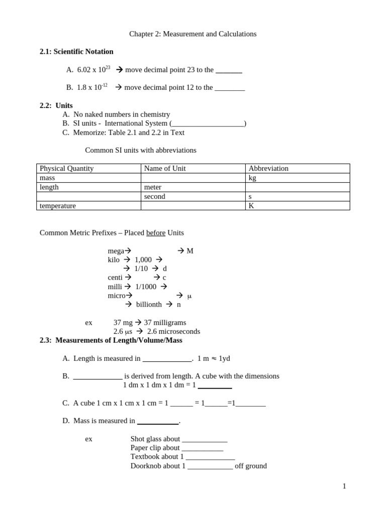 Measurement and Calculations NOTES Without Examples 2015 Fillin | PDF ...