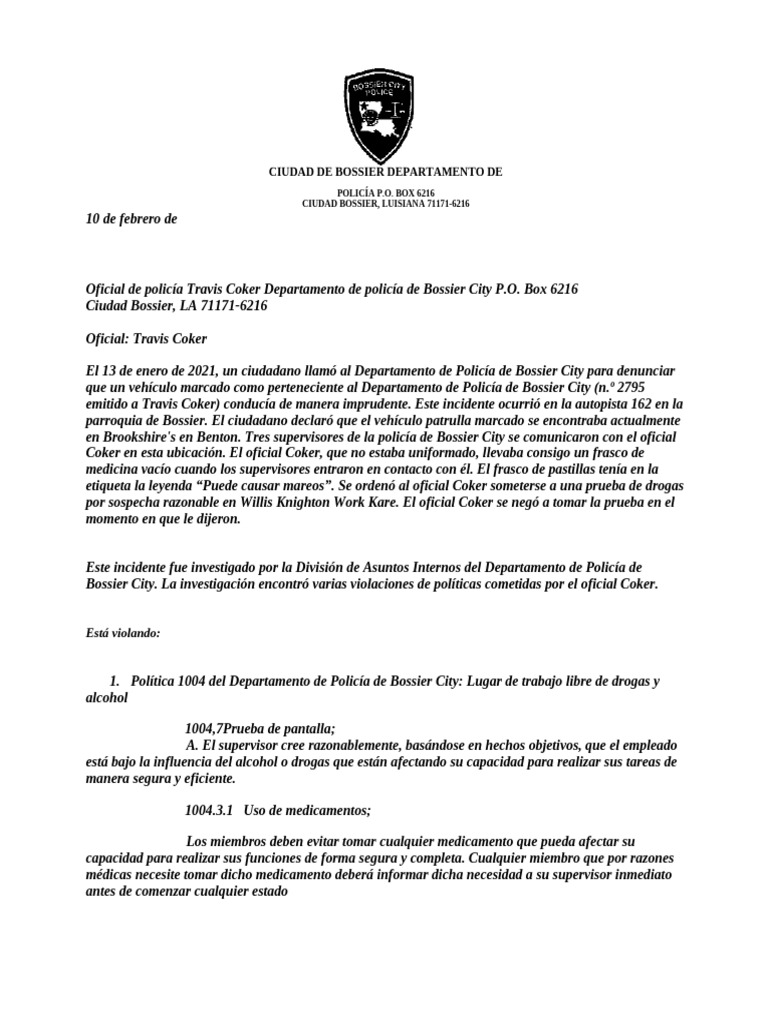 Carta de Terminación del Oficial Travis Coker del BCPD 20210311 | PDF ...