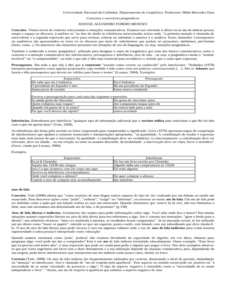 Conceitos e Exercícios de Pragmática (1) | PDF | Linguística | Semiótica