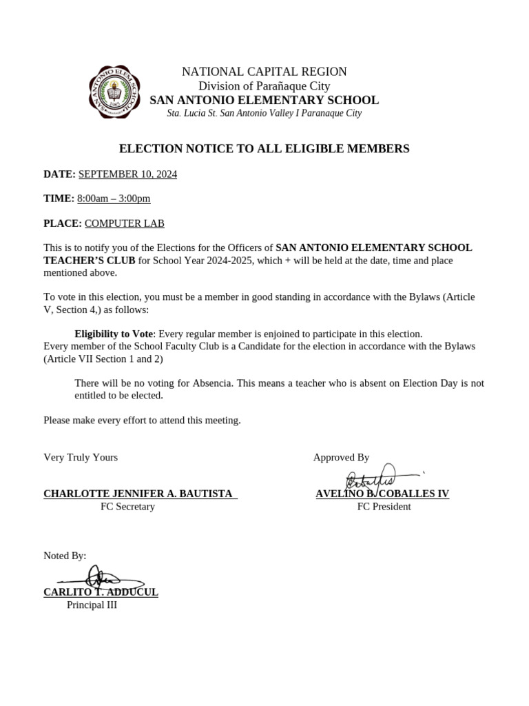 Sample Election Notice | PDF