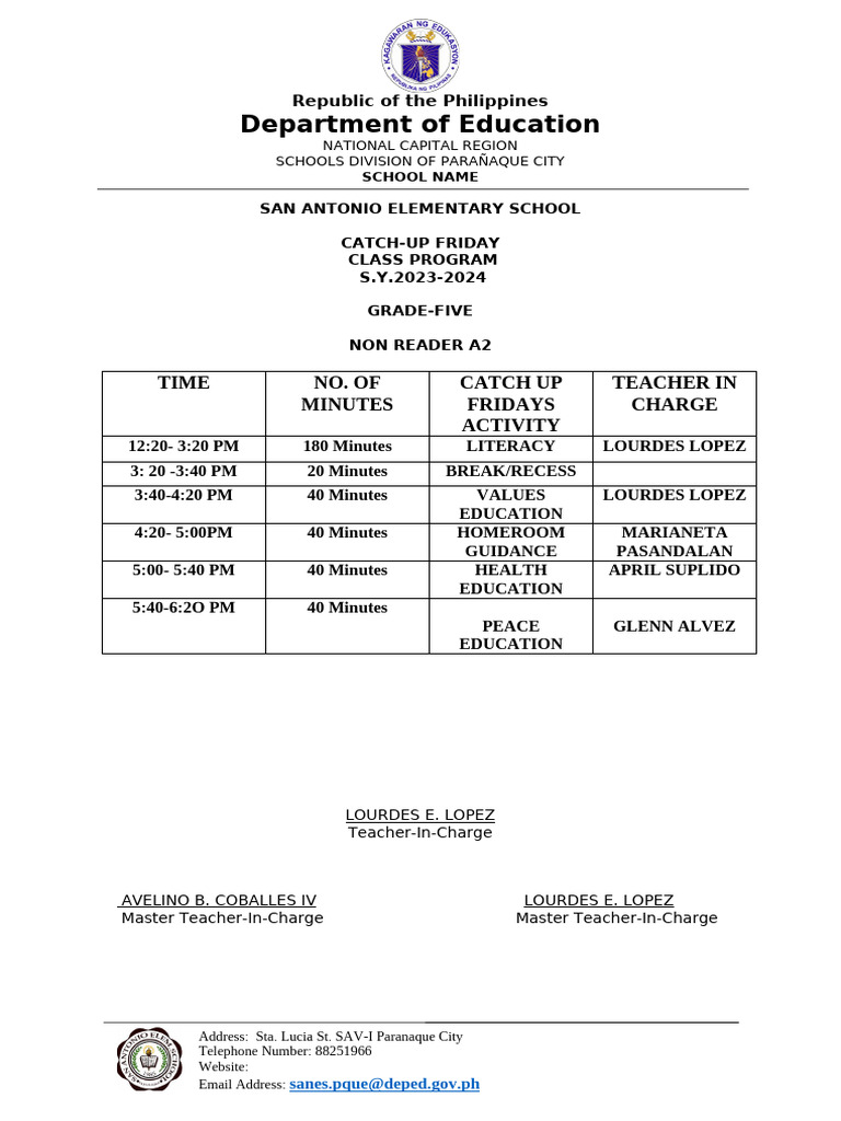 Cathh-up-Friday-CLASS-PROGRAM-DESS | PDF