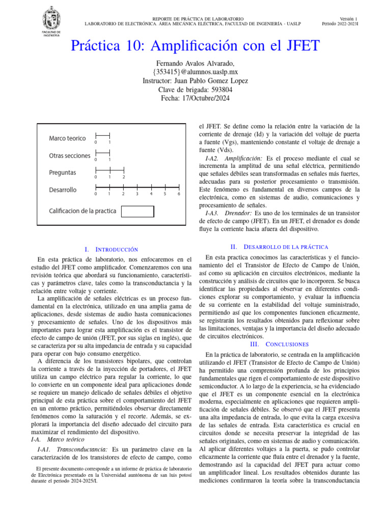 Reporte: Amplificación Con El JFET | PDF | Transistor de efecto de campo | Transistor