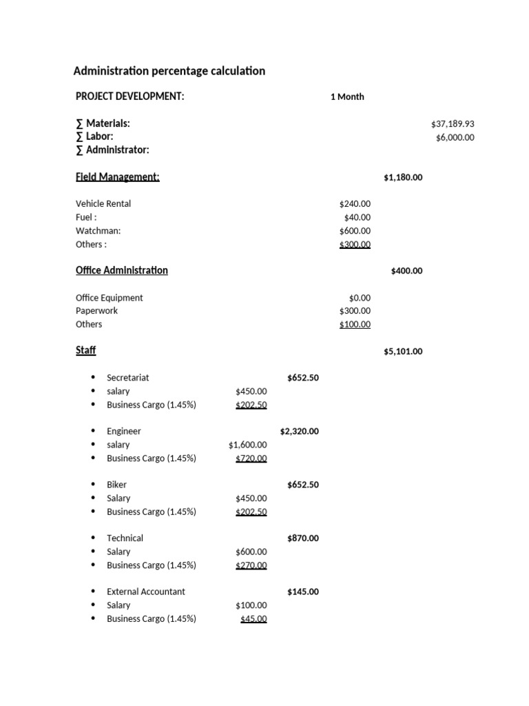 Calculation of Administration Percentage | PDF
