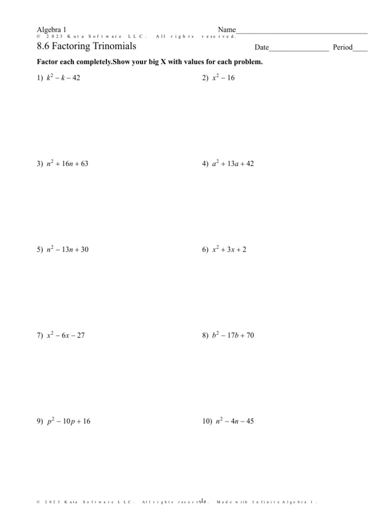 Factoring Trinomials Practice Worksheet | PDF | Mathematical Analysis ...