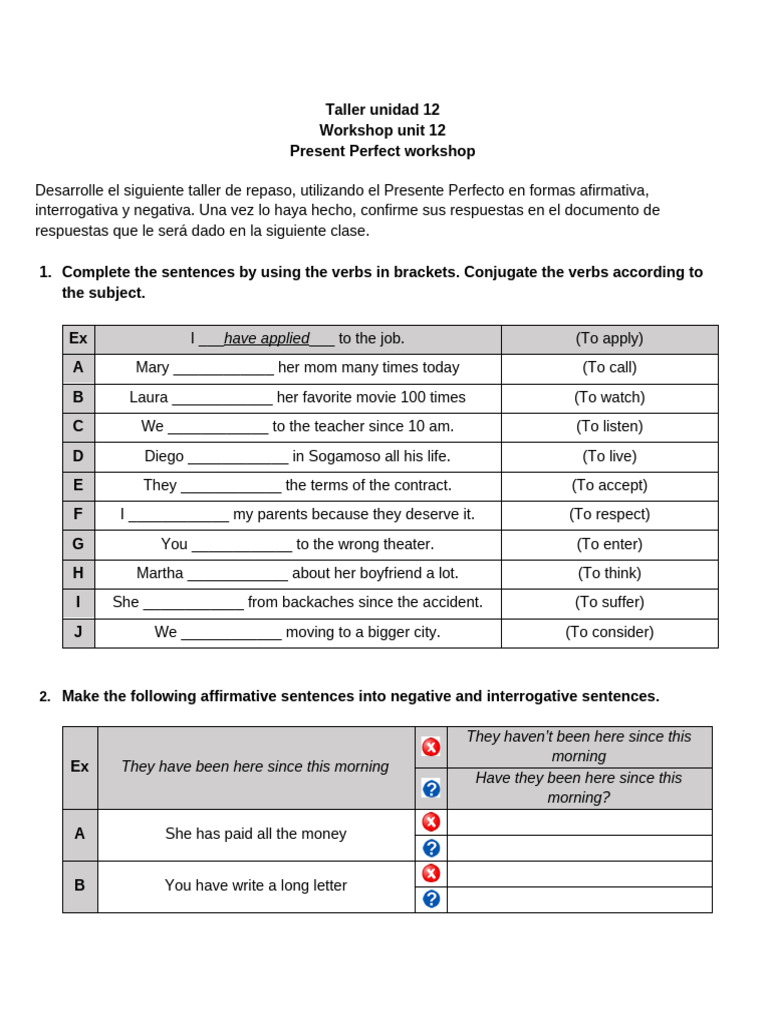 Taller Presente Presente Perfecto | PDF | Semantic Units | Language ...
