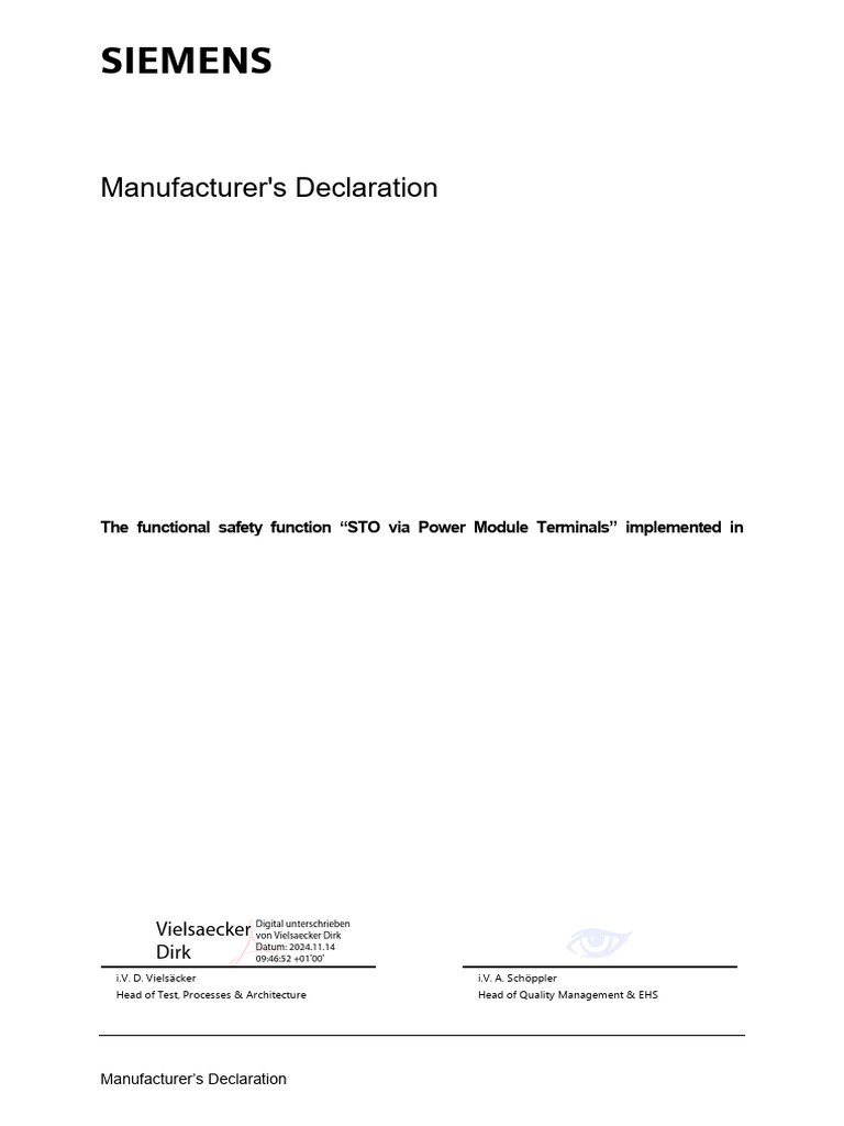 Safety Manufacturers Declaration - SINAMICS G120 668.DCO - BC.2411.40. ...