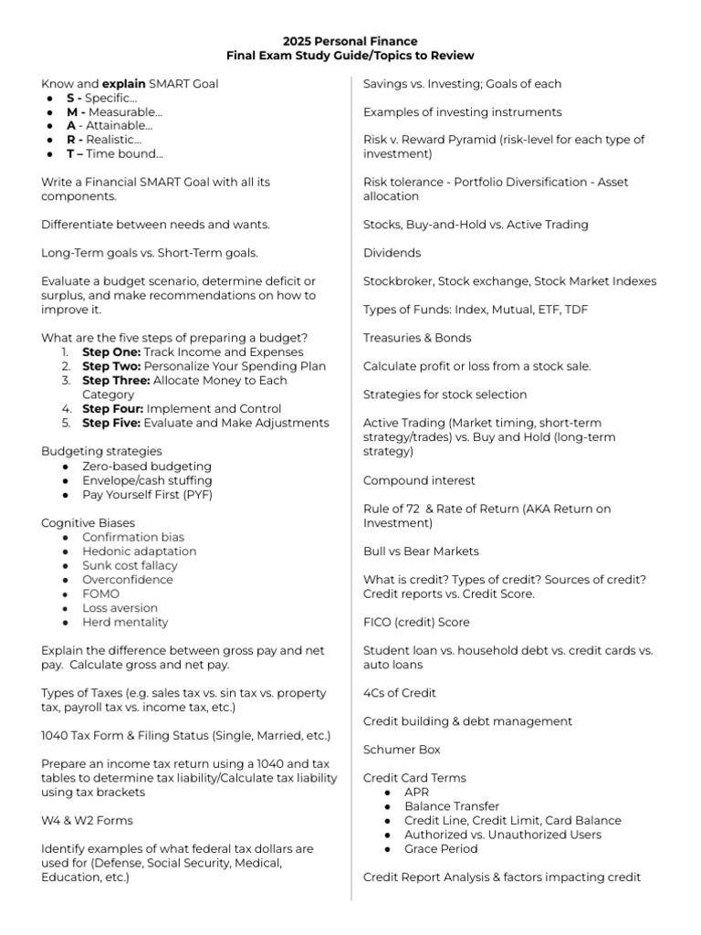 2025 Personal Finance Final Exam Study Guide - Topics To Review | PDF ...