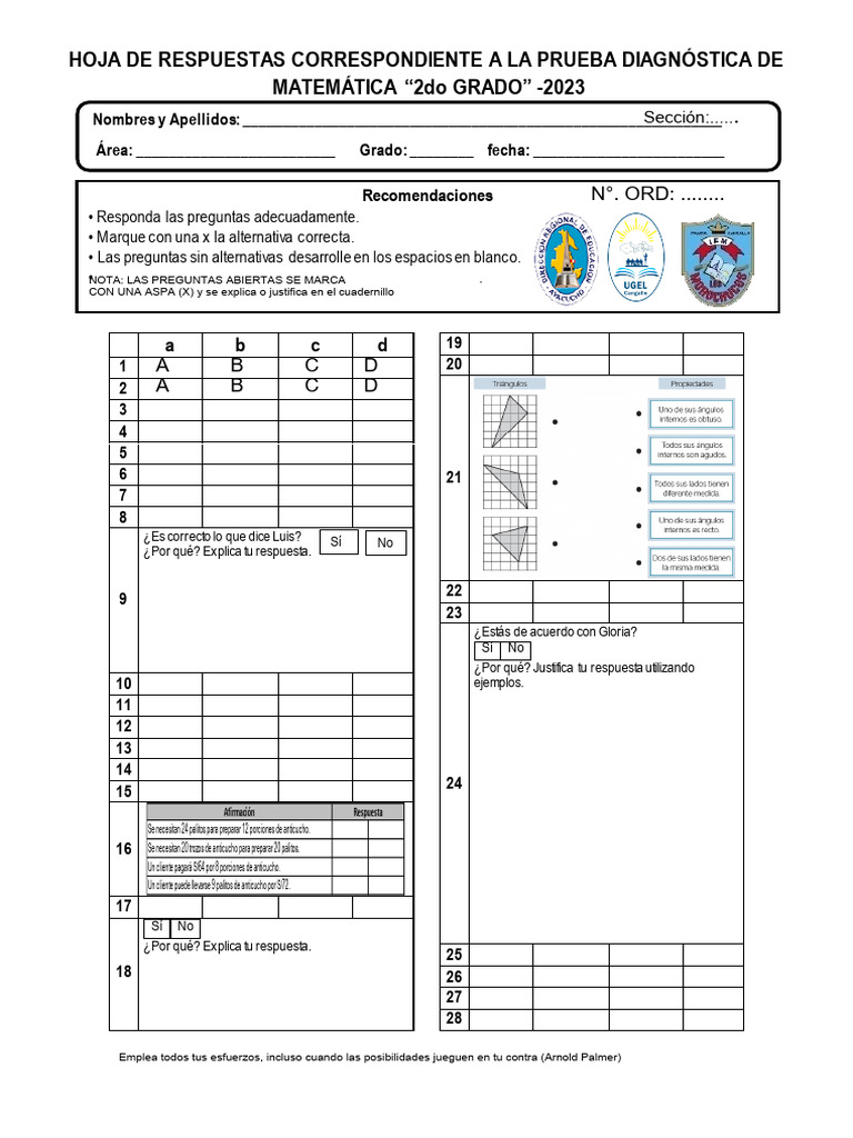 Hoja de Respuestas 2° - MAT | PDF